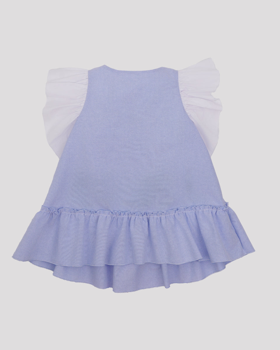 Rochie albastra cu funda roz voluminoasa si volane Haine copii - Haine ...